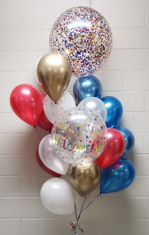 Red, Blue, Gold & White Welcome Confetti Balloon Bouquet balloons ...